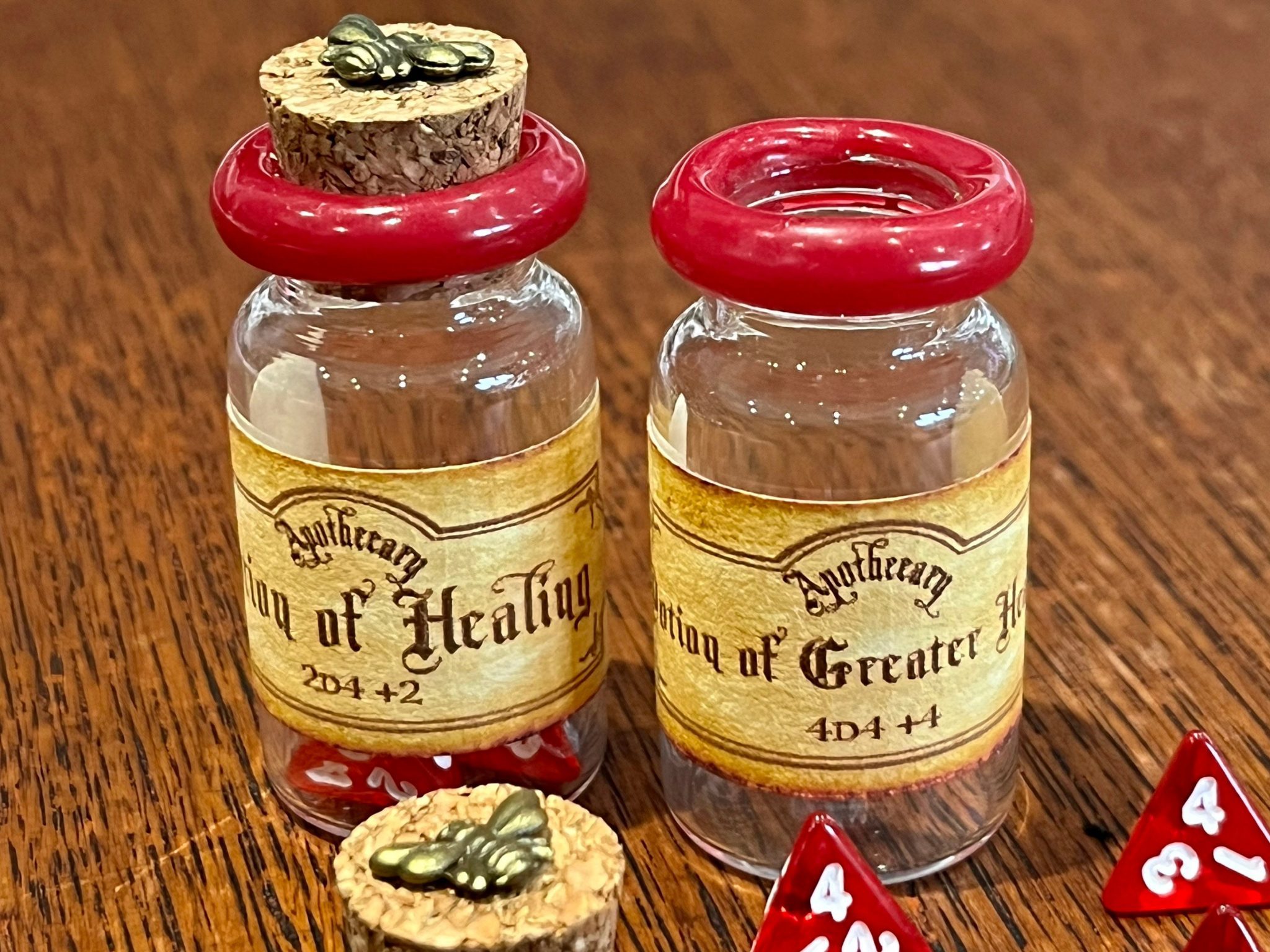 Mini Bottle and Mini D4's - Unique - Dungeons & Dragons Healing Potions